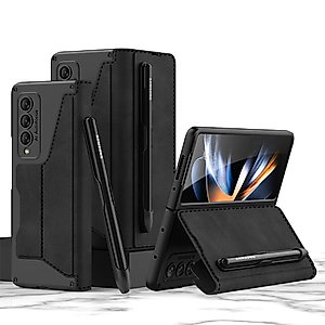 FYTON Galaxy Z Fold 4 Case with S Pen Holder (Removable), Z Fold 4 Case with Hinge Protection, Leather Case with Kickstand Function for Samsung Galaxy Z Fold 4 5G 2022, Black, Cloud Black