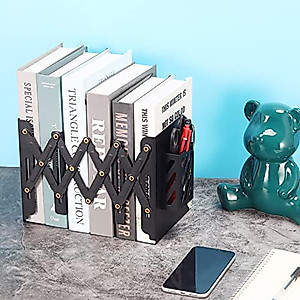 Adjustable Bookends - Metal Book End Holder with Removable Pen Holder Pocket for Office, School, Desktop Files Organizer / Book Shelf, Expandable Book Binder Holder