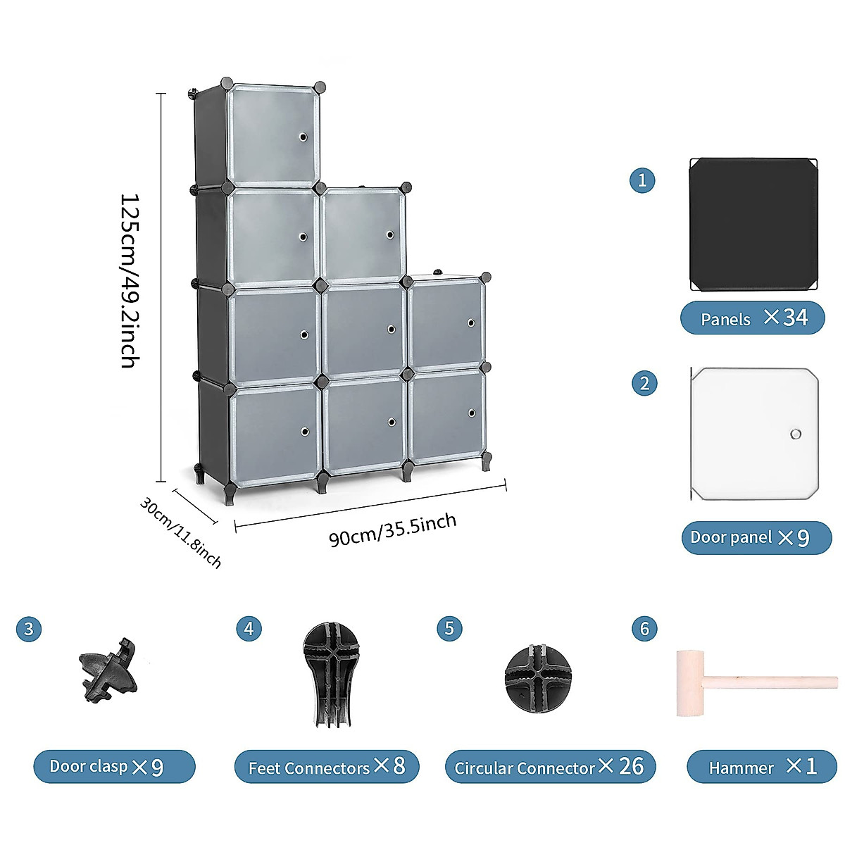 AWTATOS Storage Cube Organizer with Doors, Stackable Closet Shelf for Bedroom, Clothes Shelving Rack, DIY Square 9 Cubes Bookcase Bookshelf, Plastic Space Saver for Home, Living Room, Office, Black