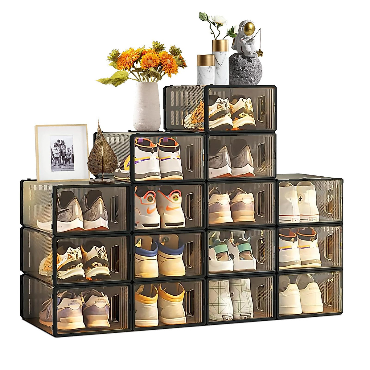 AISNDYOG Shoe Storage Box, 15 Pack Large Clear Plastic Black Stackable Shoe Organizer for Closet, Space Saving Foldable Shoe rack,Substitute for Drawer Organize Unit