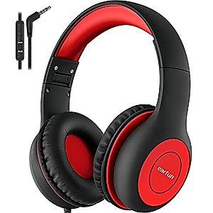 EarFun Kids Headphones Wired with Microphone, 85/94dB Volume Limit Portable Headphones for Kids with Shareport, Stereo Sound Foldable Headset for School/Tablet/iPad/Kindle, Black Red