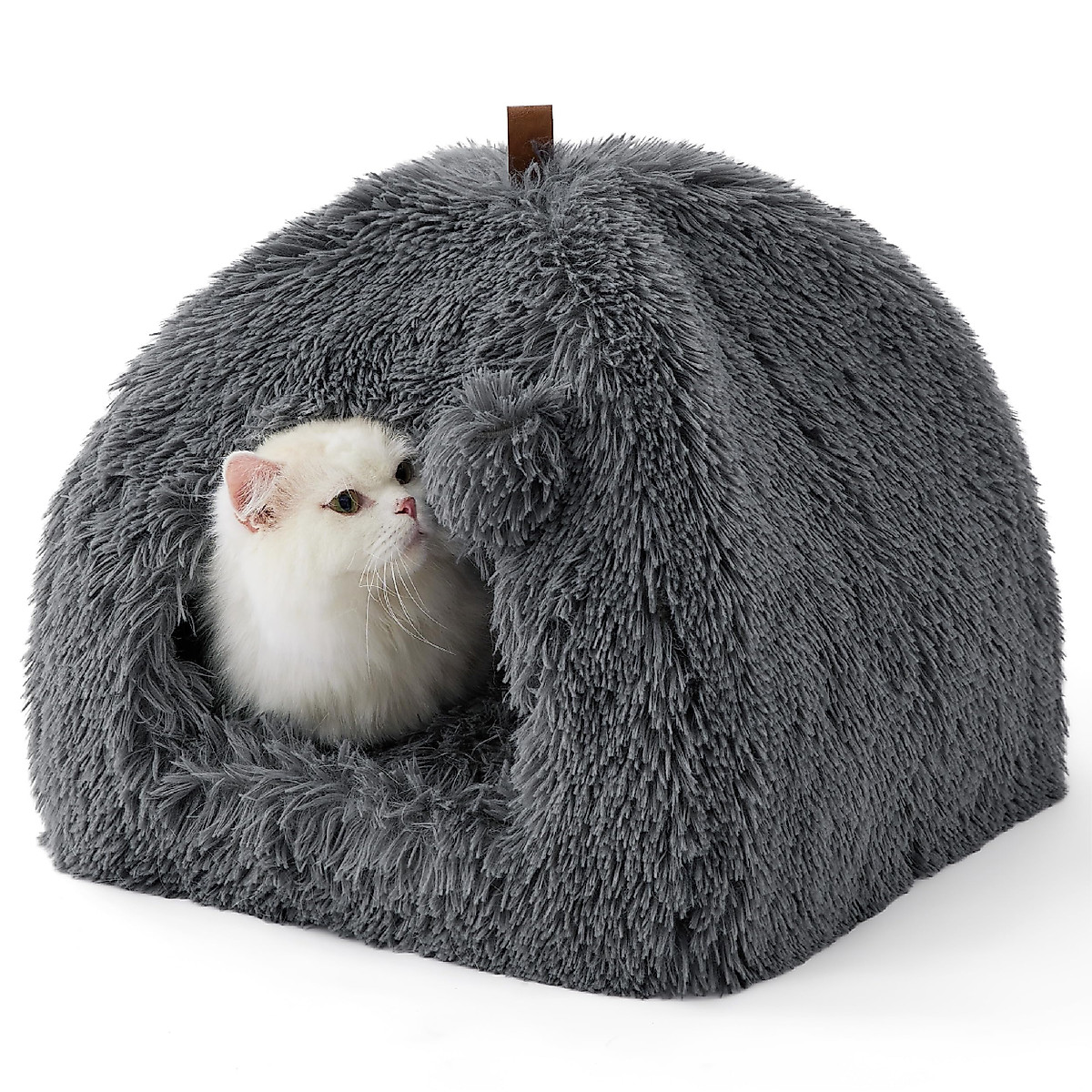 Bedsure Cat Beds for Indoor Cats - 2 in 1 Cat Cave for Kittens and Small Pets, Cat House Tent with Removable Washable Cushioned Pillow, Cat Hideaway with Non-Slip Bottom, Plush Grey, 16 inches