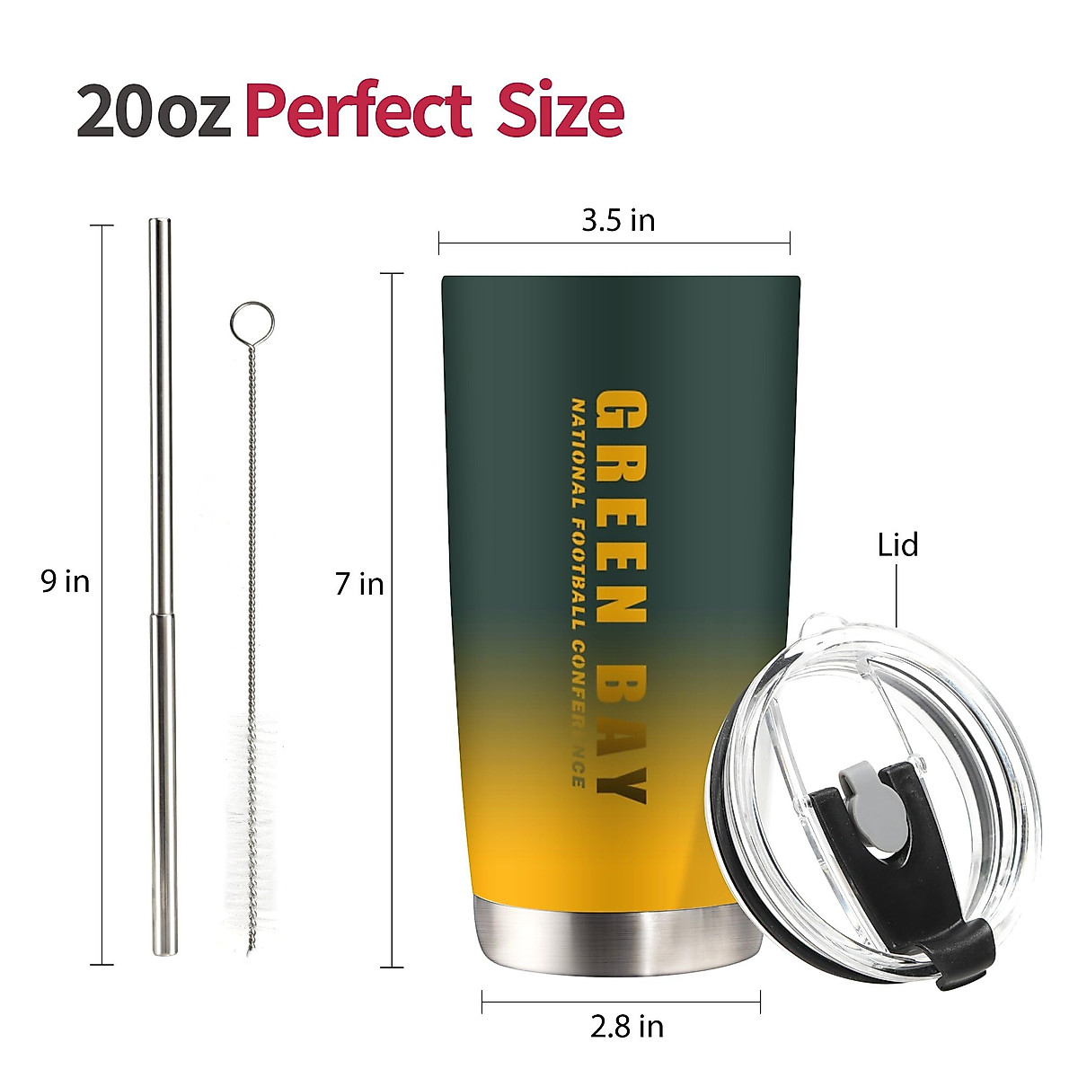Custom Green Bay Tumbler 20oz Stainless Steel with Lid & Straw Personalized Football Fans Gifts for Women Men Travel Cup Insulated Tumbler Add Name Number
