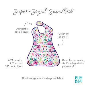 Bumkins Bibs, Baby Bibs for Girl or Boy, Baby and Toddler Bib for 6-24 Months, Waterproof Fabric Baby Bib SuperBib, Oversized Full Cover, for Babies Eating (Pack of 2)