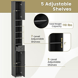 Tangkula Tall Slim Bathroom Storage Cabinet, 71" Freestanding Bathroom Cabinet w/ 2 Doors, 1 Drawer & 5 Adjustable Shelves, Floor Narrow Tower Cabinet for Small Spaces, 8" x 8" x 71" (Grey)
