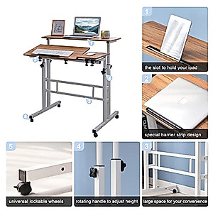 AIZ Adjustable Rolling Desk Cart on Wheels Home Office Computer Workstation, Portable Laptop Tall Table for Standing or Sitting, Oak