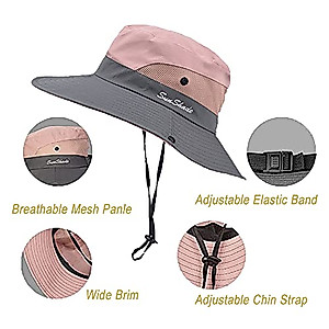 Women's Summer Sun-Hat Ponytail - UV-Protection Mesh Wide Brim Foldable Hat with Ponytail Hole (Pink, One Size)