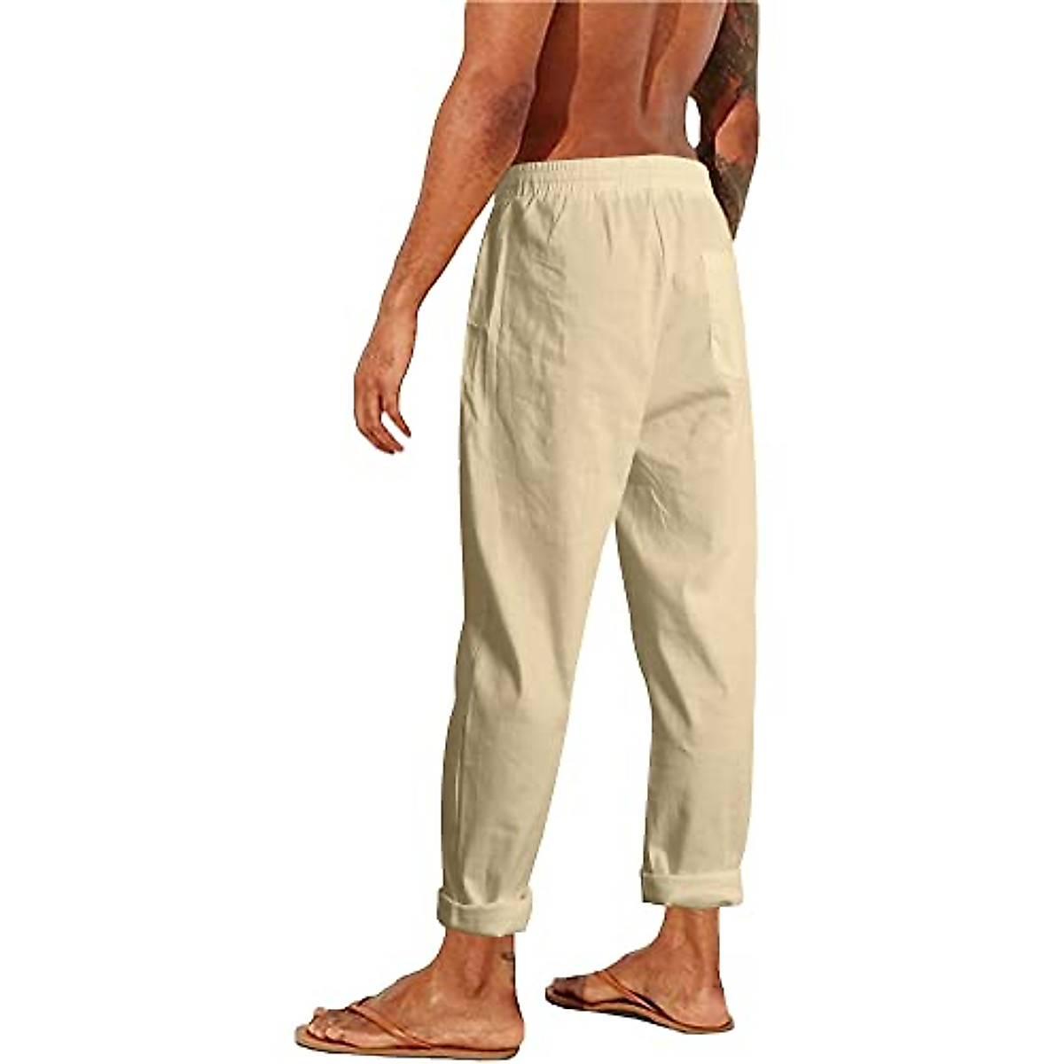 NANAMEEI Mens Linen Pants Mens Summer Pants Mens Slim Fit Pants Mens Linen Loose Pants Beige XL