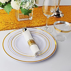 WELLIFE 350 Pieces Gold Plastic Plates with Disposable Silverware and Cups, Include: 50 Dinner Plates 10.25”, 50 Dessert Plates 7.5”, 50 Gold Rim Cups 9 OZ, 50 Gold Cutlery