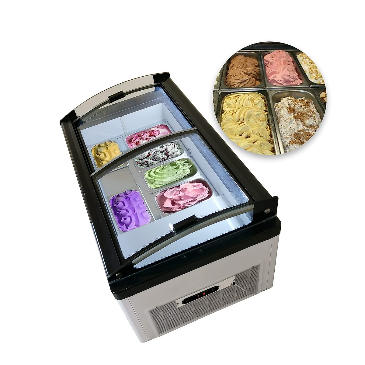 Vaseni Commercial Ice Cream Freezer Display Case, Glass Top Ice cream Showcase Countertop Gelato Display with 6 Square Storage Baskets, 6.35 cu.ft Capacity