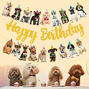Dog Happy Birthday Banner Decorations Baby Dog Birthday Party Supplies Gold Glitter Puppy Birthday Banner Decorations for Pet Dog Theme Party Bunting Decoration Baby Shower Party Supplies