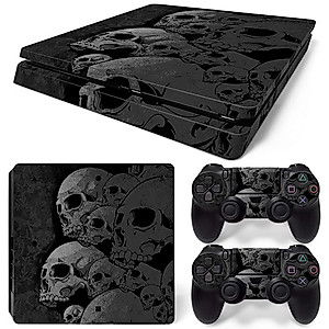 Vinyl Skin Sticker for PS4 Slim, Black Skull PS4 S Console and Controllers Skins Wrap Vinyl Sticker Decal Cover