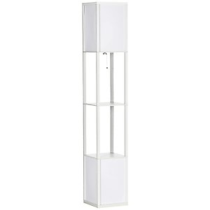 HOMCOM Modern Floor Lamp with Shelves & Dual Ambient Lighting, Tall Standing Lamp for Living Room, Bedroom with Fabric Lampshade (Bulb not Included), White