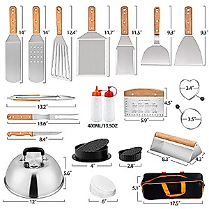 Leonyo 26 Piece Griddle Accessories, Flat Top Grill Accessories Stainless Steel Griddle Spatula with Metal Scraper, Burger Press, Melting Dome, BBQ Grilling Tools for Outdoor Kitchen Hibachi Grill