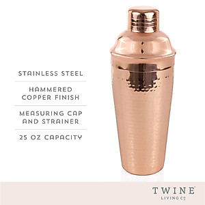 Twine Hammered Copper Cocktail Shaker, Stainless Steel Cobbler Shaker With Strainer, Copper Plated, 25 Ounces, Set of 1