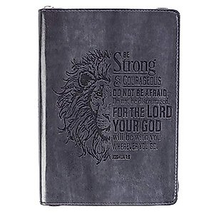 Classic Faux Leather Journal Be Strong and Courageous Lion Joshua 1:9 Bible Verse Gray Inspirational Notebook, Lined Pages w/Scripture, Ribbon Marker, Zipper Closure