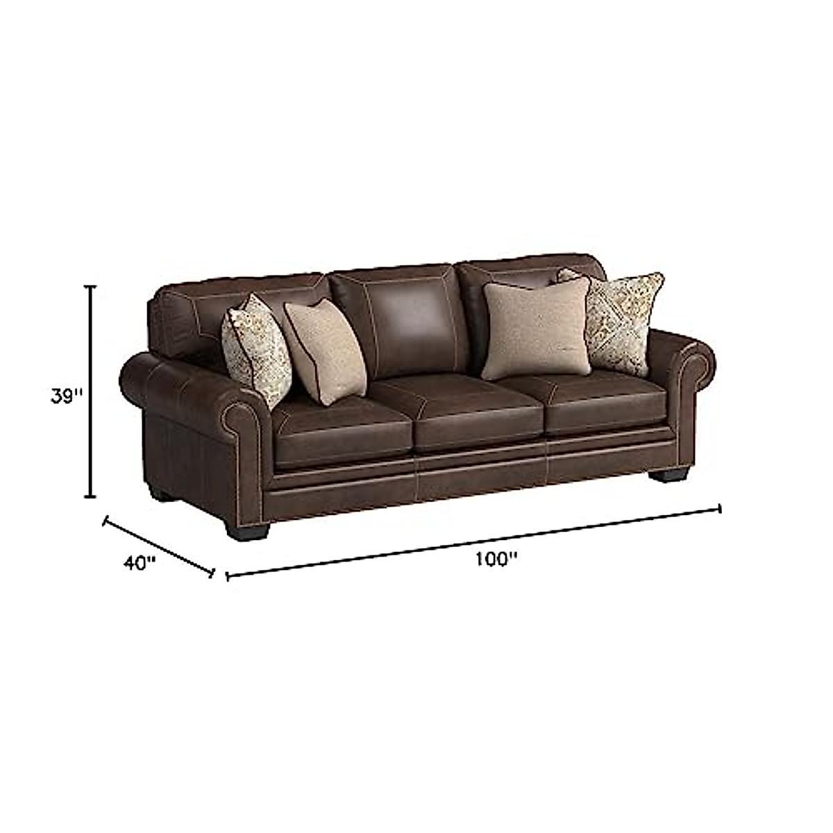Signature Design by Ashley Roleson Traditional Leather Queen Sofa Sleeper with Nailhead Trim and 4 Accent Pillows, Brown