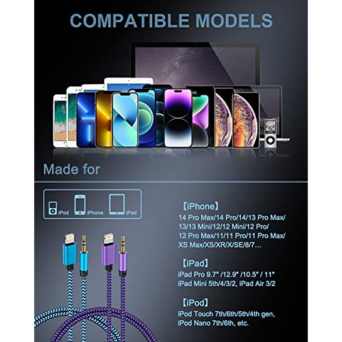 [2Pack/3.3ft] Lightning to 3.5mm iPhone Aux Cord, [Apple Mfi Certified] iPhone Aux Audio Cable for Car Home Stereo Speaker Headphone Compatible with iPhone 14 13 12 11 Pro Max Mini XR XS 8 iPad iPod