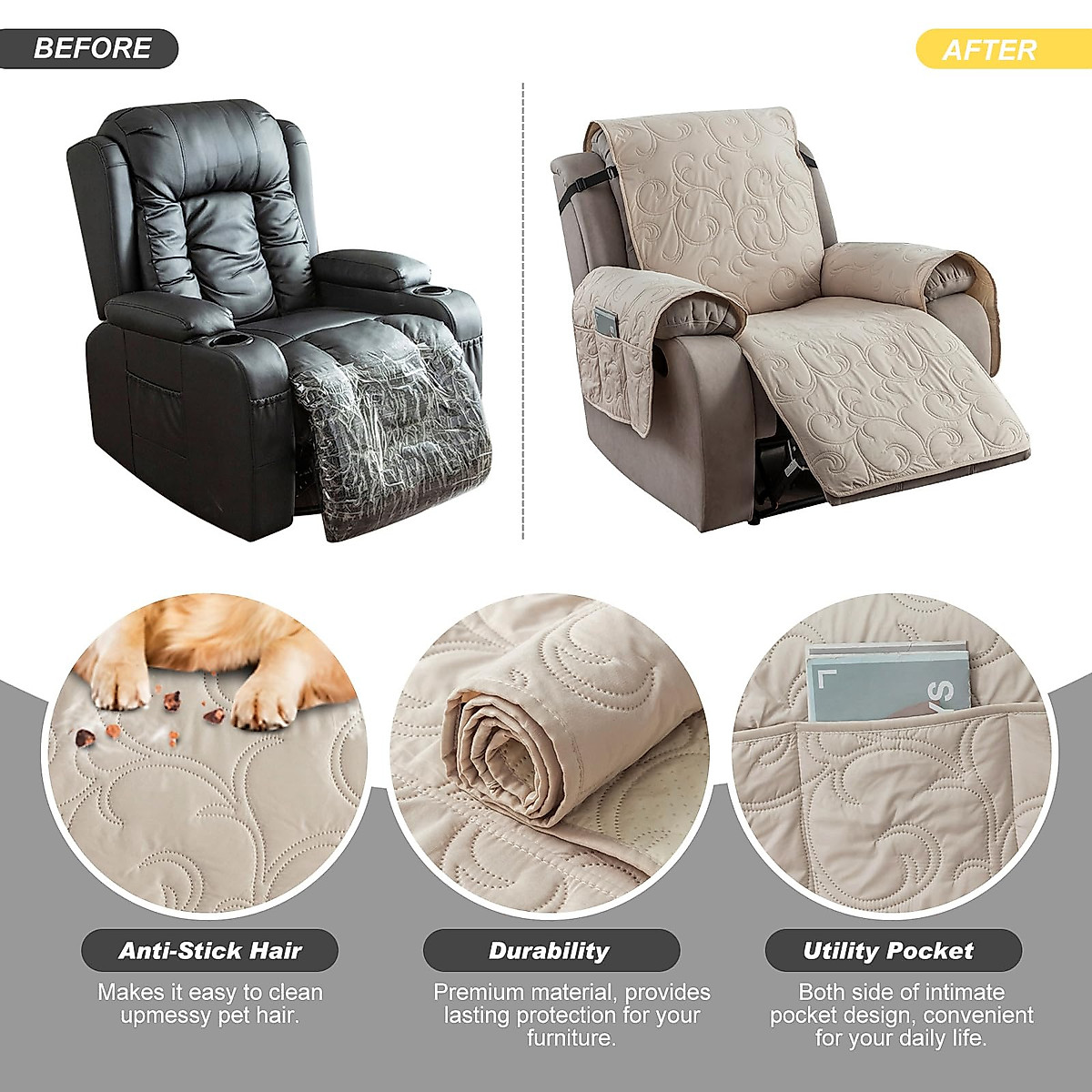 100% Waterproof Recliner Chair Cover, Recliner Chair Covers for Reclining Chair, Non-Slip Fabric Recliner Couch Cover for Living Room, for Pets Kids Protector, Washable (Beige, 23"Recliner Chair)