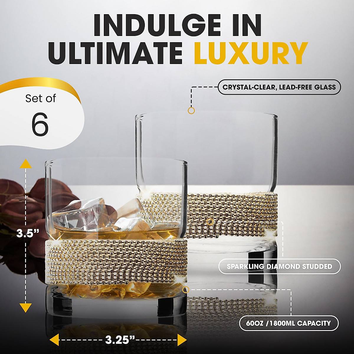 BERKWARE Lowball Whiskey Glasses - Crystal Old Fashioned Glasses with Sparkling Rhinestone Design for Wine & Cocktail, 10oz each (Set of 6)