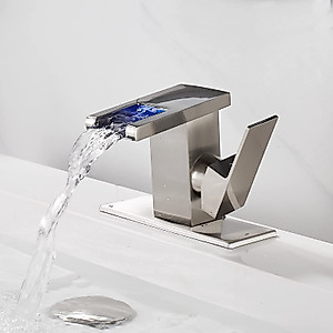 Skybathjoy LED Bathroom Sink Faucet Waterfall with Drian Assembly 1 Hole Brushed Nickel Single Hole Handle RV Bath Vanity Faucets for Sinks 1 Hole Water Supply Lines, Stainless Steel Spout