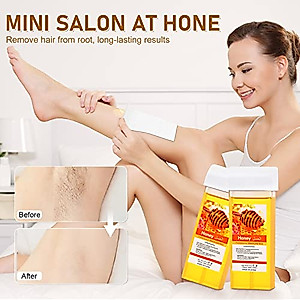 Roll on Wax Kit, Demine Honey Roller Waxing Kit for Hair Removal, Soft Depilatory Sensitive Skin, Portable Digital Roll-On Warmer Women & Men with 2 Cartridge Refill 10 Wax-removing wipes and 100pcs Strips(Pink)