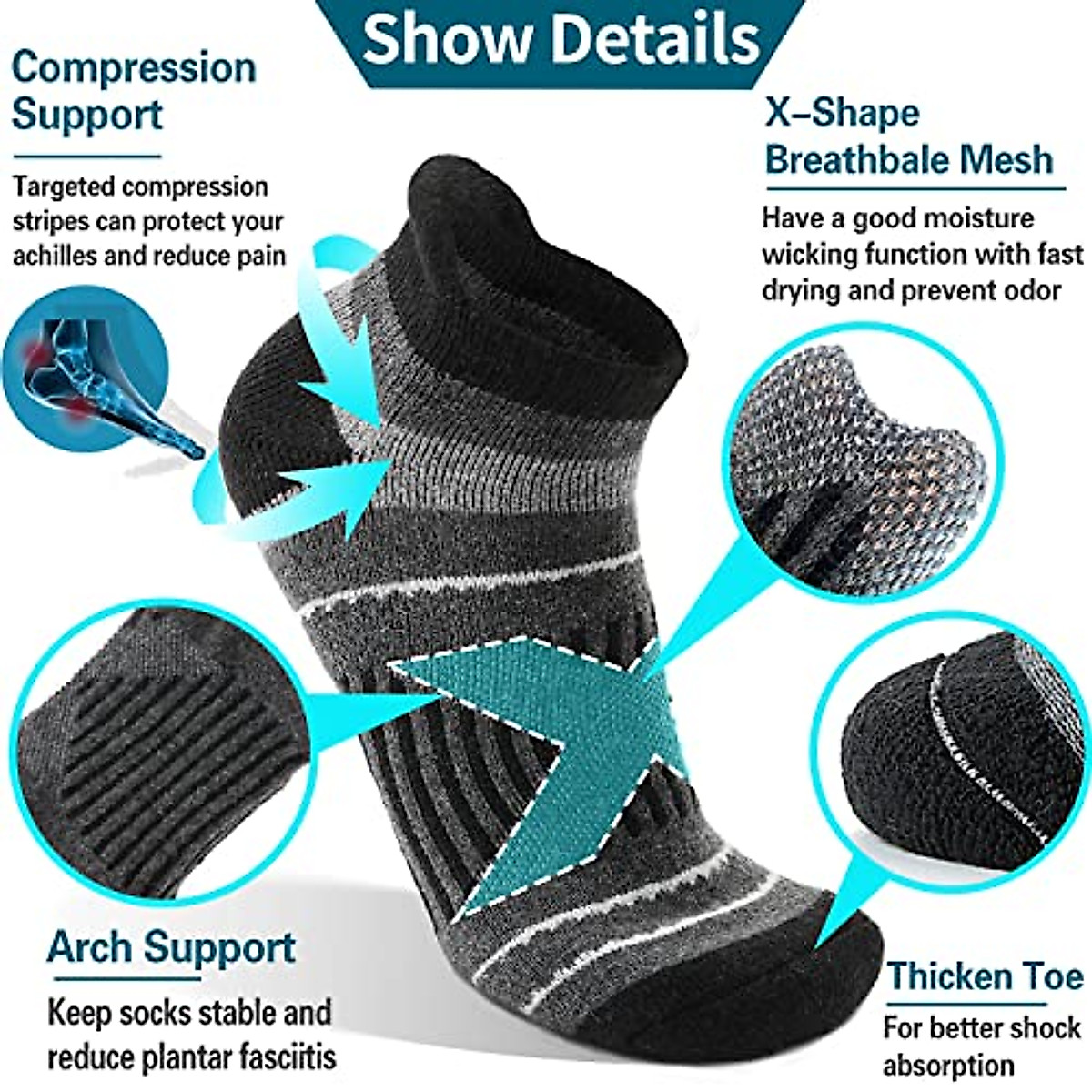 Merino Wool Ankle Hiking Socks Compression Warm Winter Thermal Thick Cushion No Show Running Moisture Wicking Socks Gifts Stocking Stuffers for Men Women 6 Pairs(Black，L)