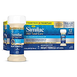 Similac 360 Total Care Infant Formula, with 5 HMO Prebiotics, Our Closest Formula to Breast Milk, Non-GMO, Baby Formula, Ready-to-Feed, 2-fl-oz Bottle (Case of 12)