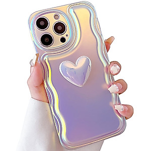 Qokey for iPhone 14 Pro Max Case 6.7 inch,Cute 3D Love Heart Wave Frame Soft TPU Sparkle Bling Laser Colorful Light Glitter Phone Case for iPhone 14 Pro Max for Women Girls Purple