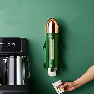 Jaugufiy Rocket Shape Disposable Paper Cup Dispenser Wall Mounted Cup Storage Disposable Cup Holder with Tea Bag Storage Box for Home Office (Green)