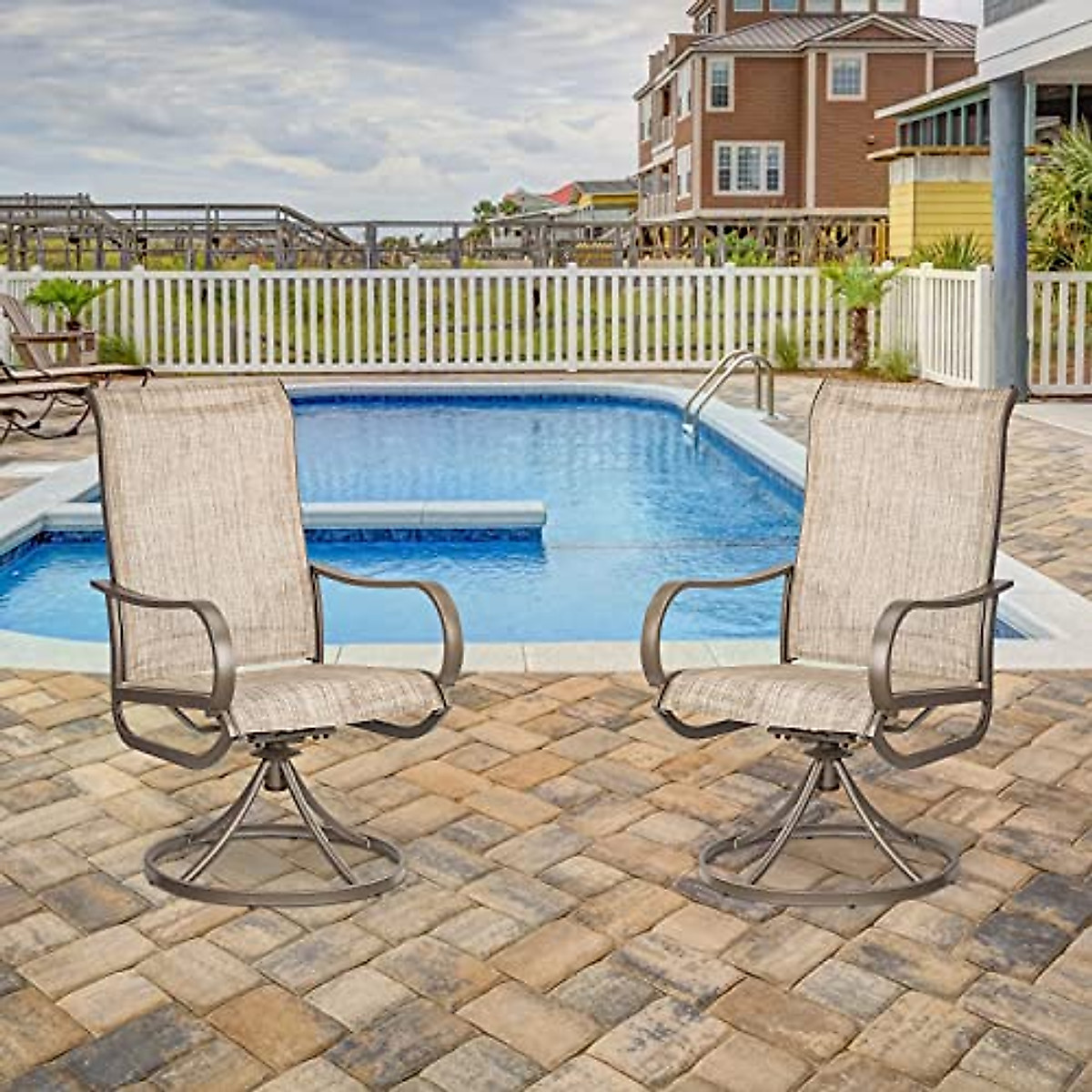 Patio Swivel Dining Chairs Set of 2 Outdoor Kitchen Patio Stools and Bar Height Chairs Outdoor Indoor Banquet Furniture Metal Chair with Textilene Mesh Fabric for Backyard Lawn Pool Garden Deck