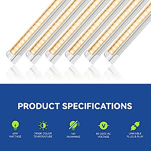 Monios-L Led Grow Lights for Indoor Plants Full Spectrum,T8 4FT 252W(6x42W) High Output Growing Strips for Seedlings,Sunlight Replacement with Reflectors, 6-Pack