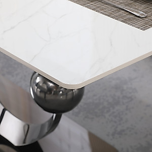 Voohek White+Black 7-Piece Modern Dining Room Set, with 6 Upholstered Chairs, Table w/Round Special Shaped Carbon Steel Pedestal Base, Family Furniture for Home, Kitchen, Carrara