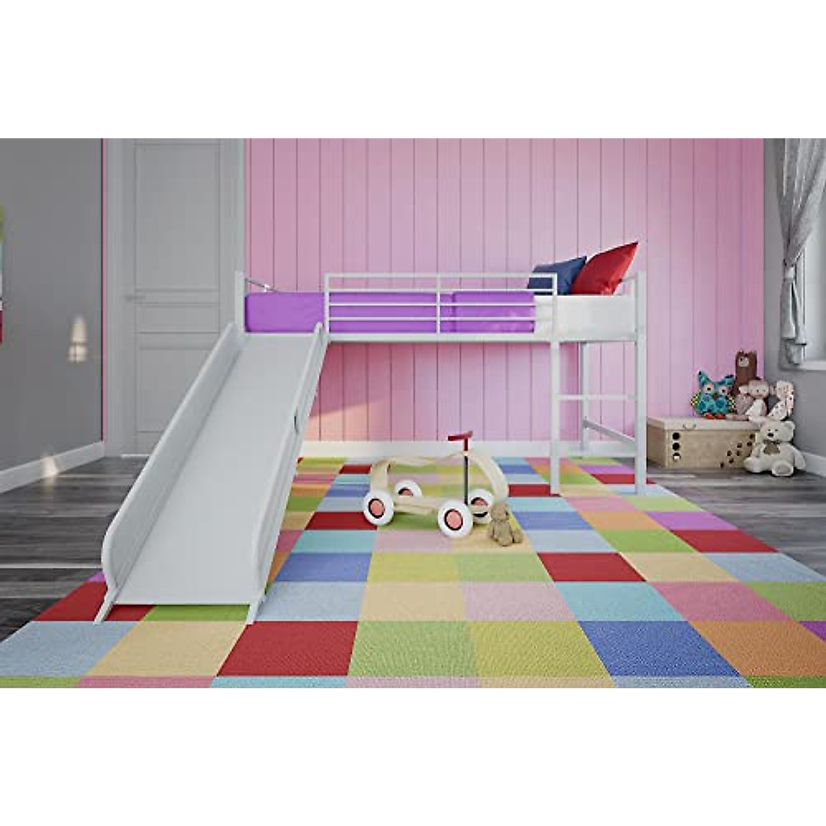 DHP Junior Twin Metal Loft Bed with Slide, Multifunctional Design, White with White Slide