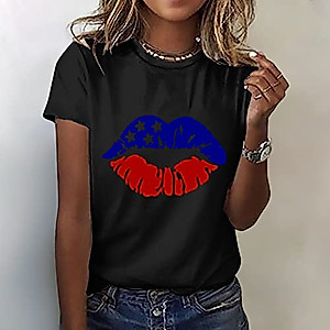 Turtleneck Juniors Independence Day Shirt Women Graphic T Shirts for Women Top Crewneck Short Sleeve Lip Print Top Short Black