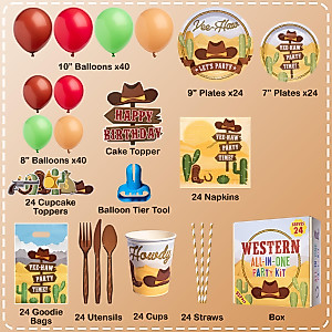 All-in-One 357 Pc Western Party Decorations (Serves 24) Rodeo Party Supplies with Plates, Cups, Napkins, Tablecloth, Balloons, Cake and Cupcake Topper and More Cowboy Birthday Decorations