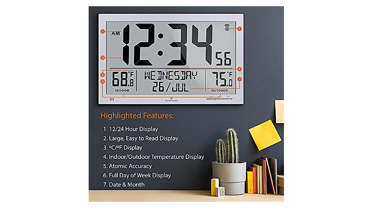 Marathon Atomic Full Calendar Clock - Large Digits & Temp