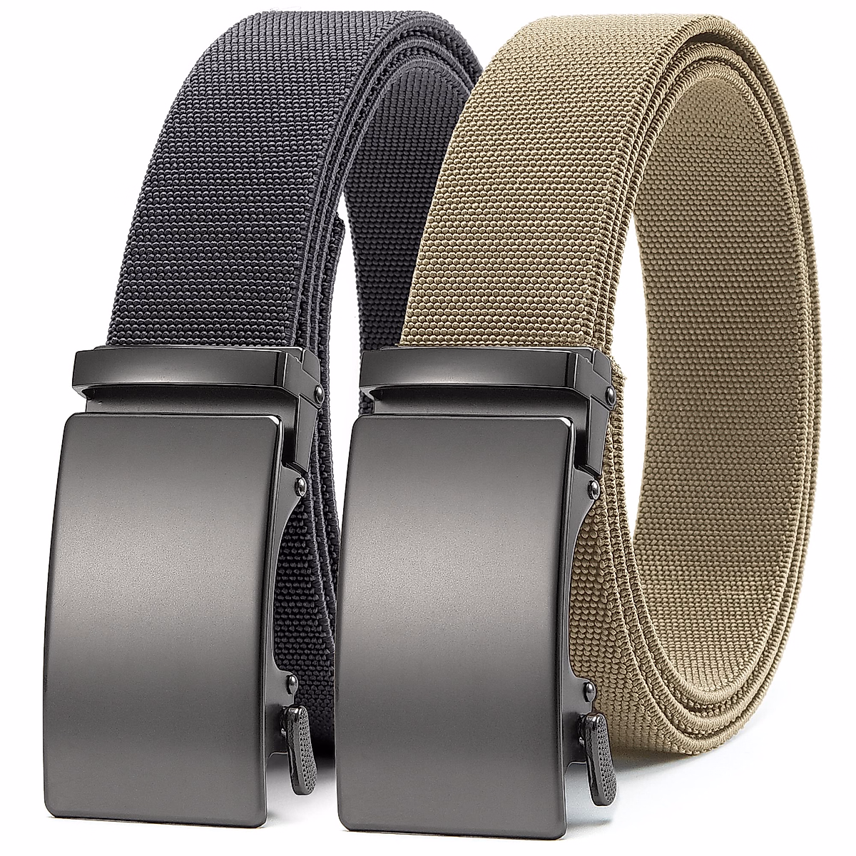 CHAOREN Ratchet Grey & Khaki Elastic Belt for Men 2 Pack - Nylon Web Adjustable Belt 1 3/8" Fabric Golf Belt - for Casual