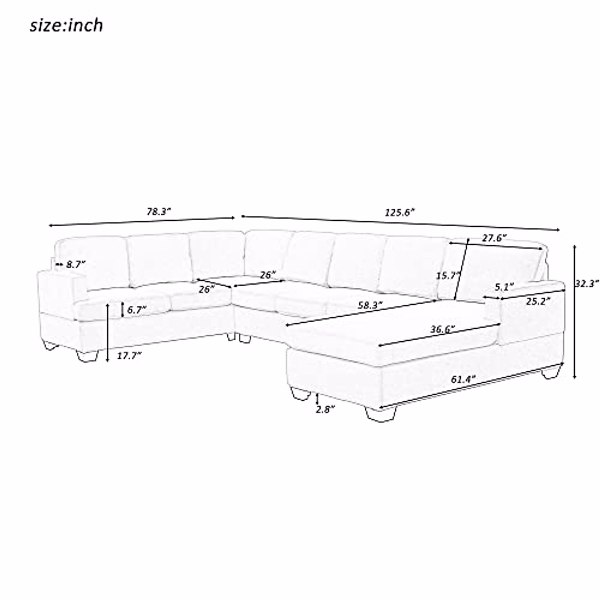 KELRIA LOVMOR Modern Style Large Upholstered U-Shape Sectional Sofa, Extra Wide Chaise Lounge Couch, for Living, Guest Room, Apartment, Home Theater, Seating Capacity 6 People, Grey