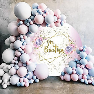 AWERT Polyester Diameter 4ft Round Mi Bautizo Backdrop Cover for Girls First Communion Baptism Decoration Purple Rustic Plant Flower Gold Dots Newborn Baby Shower Photo Booth Backgrounds