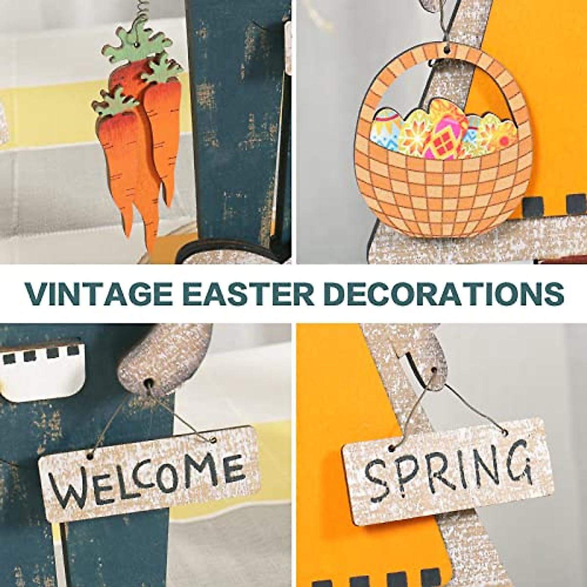 SY Super Bang 2pcs Retro Bunny Easter Wooden Decorations, Rustic Rabbit Tabletop Decor for Centerpiece Home Farmhouse Party Spring Summer Holiday.