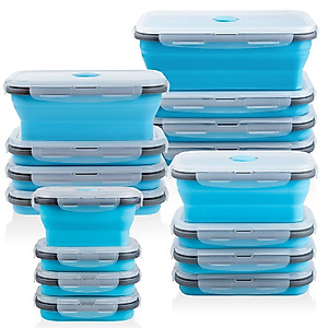 Collapsible Food Storage Containers with Lid, Bundle of Rich Size, 16 Pack, Kitchen Stacking Silicone Collapsible Meal Prep Container Set for Leftover, Microwave Freezer Dishwasher Safe, Blue