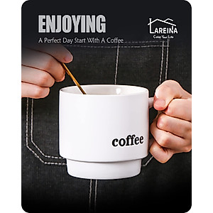 Lareina Porcelain Stackable Coffee Mug Set With Rack and Spoons, 15 Ounce Cappuccino Cup Set of 4 for Specialty Coffee Drinks and Tea - White