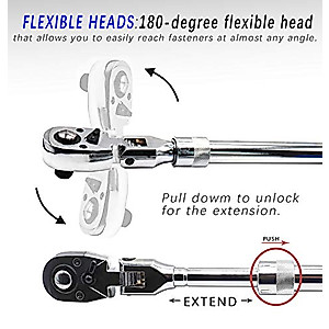 YOTOO Extendable Ratchet Set 3Pcs 1/4", 3/8" & 1/2" Drive 72 Tooth Flex-Head Quick Release Locking Ratchets