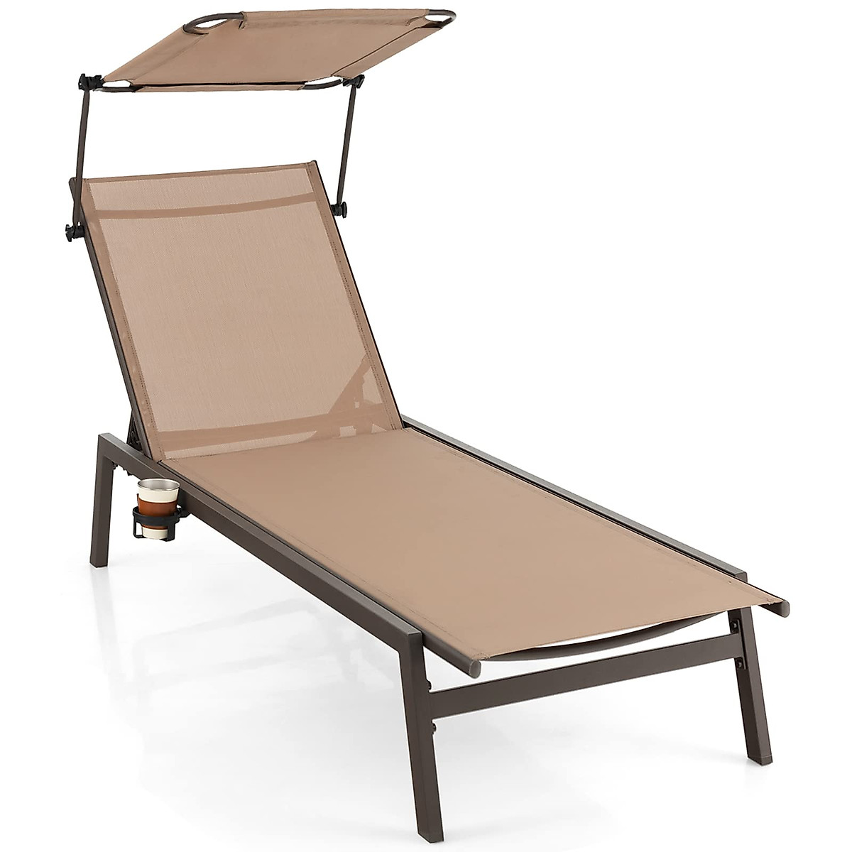 Tangkula Patio Chaise Lounge Chair, Outdoor Recliner with Adjustable Canopy & Cup Holder, 6-Level Backrest, Heavy-Duty Metal Reclining Lounger for Poolside, Backyard (1, Brown)