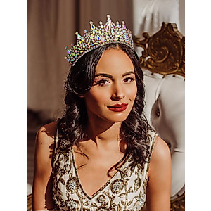 SWEETV Tiara Crown for Women Girls, Aurora Borealis Crystal Princess Crown, Wedding Tiara for Bride, Hair Accessories for Birthday Prom Party Quinceanera Pageant, Iridescent