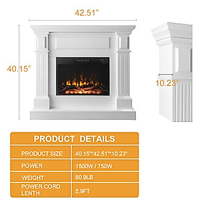 Electric Fireplace with Mantel, Tall Fire Place Heater Freestanding with Remote Control Timer LED Flame for Living Room Bedroom