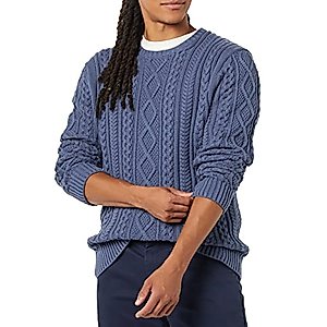 Amazon Essentials Men's Long-Sleeve 100% Cotton Fisherman Cable Crewneck Sweater, Dark Blue, Large