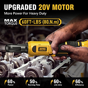 3/8" Cordless Ratchet Wrench Set, 60FT-LBS(80N.m) Electric Ratchet, 2 X 20V Chargeable Power Ratchet Wrench with Variable Speed, LED Light, 6 Sockets, 1/4" Adapter, 3" Extension Rod