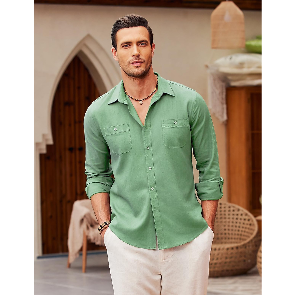 COOFANDY Men's Linen Shirt Long Sleeve Two Pockets Plain Lightweight Shirts